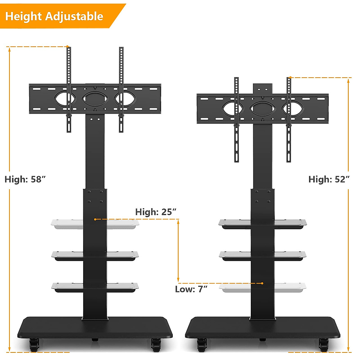 5Rcom Mobile TV Cart Portable TV Floor Stand Rolling with Wheels and Swivel Mount for 32 37 40 42 47 50 55 60 65 inch LED LCD Flat or Curved Screens TVs up to 110lbs Media Shelf Storage, Black