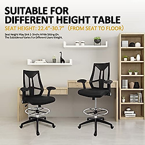Drafting Chair, Ergonomic High Back Tall Office Chair, Standing Desk Chair Mesh Drafting Stool with Adjustable Foot Ring and Flip-Up Arms(Black)