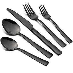 LIANYU Stainless Steel Black Silverware Set, 20-Piece Square Flatware Cutlery Set for 4, Kitchen Restaurant Party Eating Utensils Tableware, Mirror Finish, Dishwasher Safe