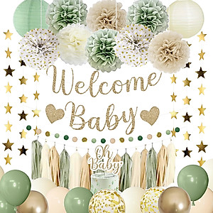 Amandir Baby Shower Decorations Sage Green Balloons Welcome Baby Banner, Cake Topper, Paper Lanterns, Pom Poms Flowers Tassels, Circle Dots Star Garland, Neutral Gender Reveal Birthday Party Supplies