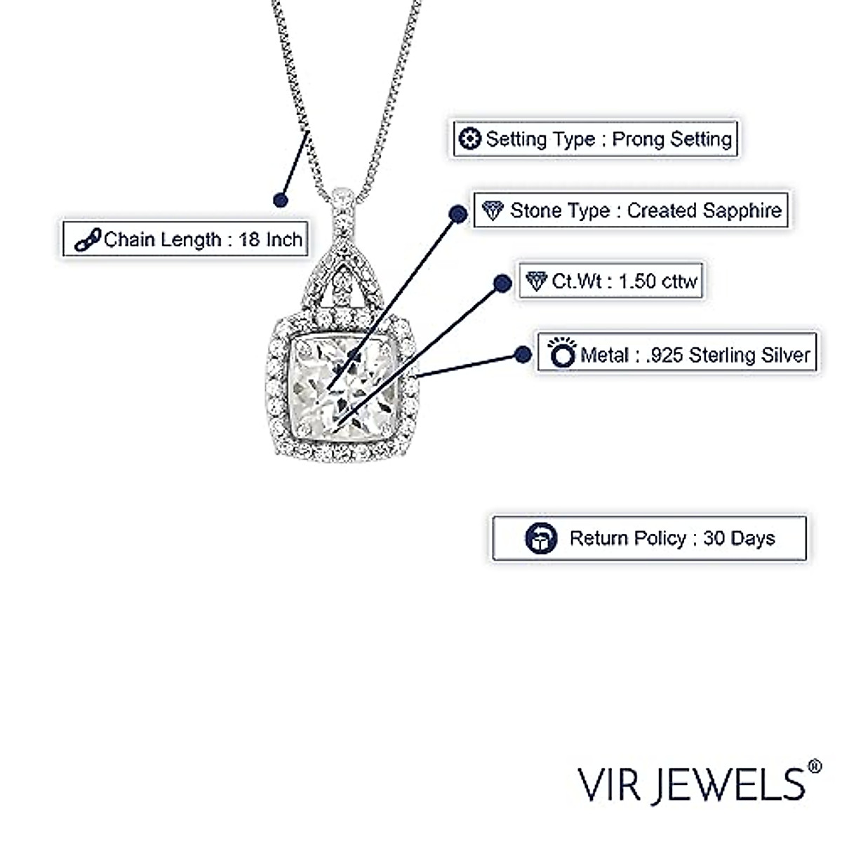 Vir Jewels 1.50 cttw Pendant Necklace, Cushion Cut Created White Sapphire Pendant Necklace for Women in .925 Sterling Silver with Rhodium, 18 Inch Chain, Prong Setting
