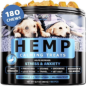 Calming Chews for Dogs - Anxiety Relief for Dogs - Dog Calming Treats with Hemp Oil for All Breeds - Hip & Joint Health - 180 Duck-Flavor Chews - Aid During Fireworks, Thunderstorms, Separation