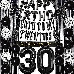 30th Birthday Decorations for Him Her Black Death to My Twenties Banner, Rip to My 20s Sash, Number 30 Balloon, Happy Birthday Balloon Banner, Foil Curtain for Funny Thirtieth Birthday Party Supplies
