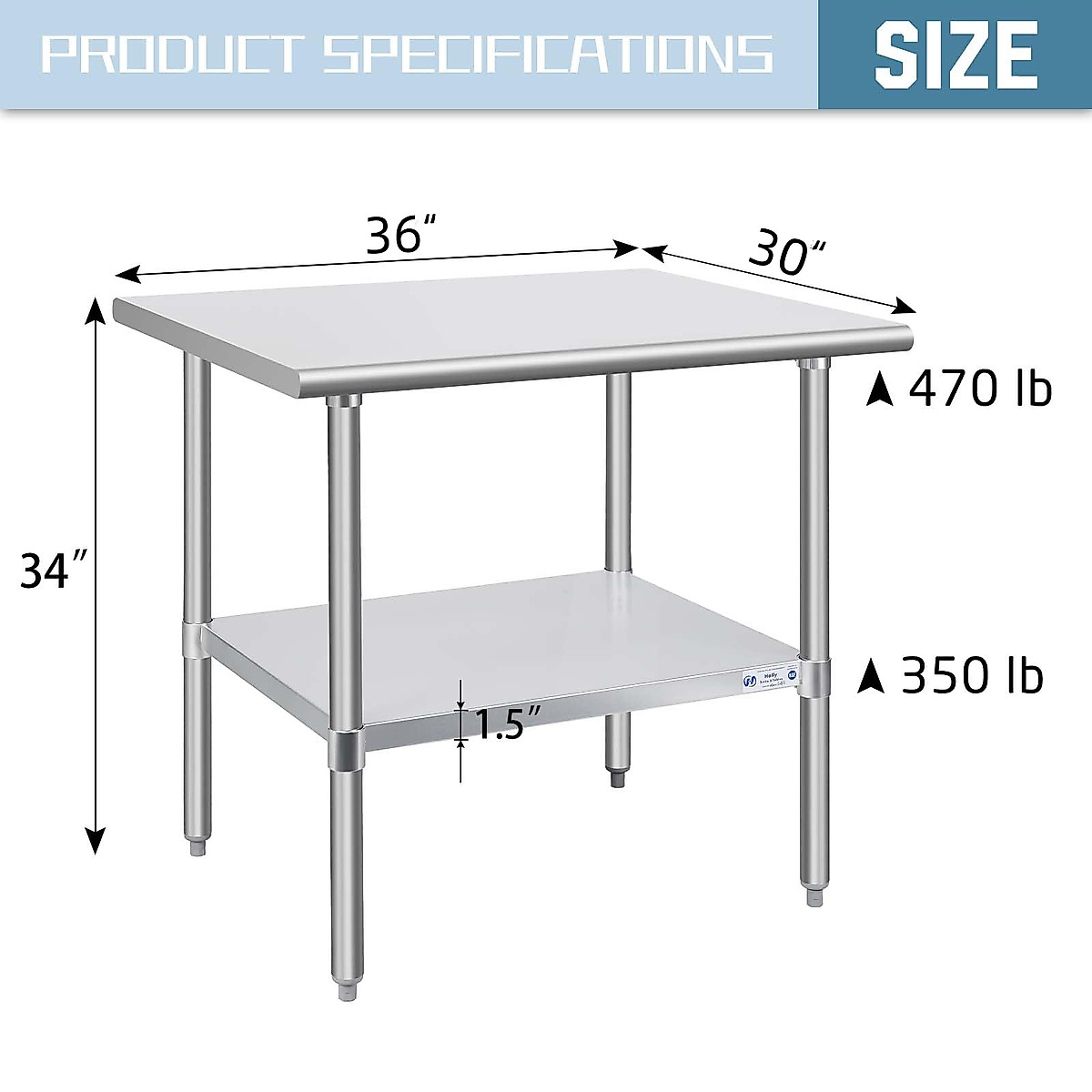 Hally Stainless Steel Table for Prep & Work 30 x 36 Inches, NSF Commercial Heavy Duty Table with Undershelf and Galvanized Legs for Restaurant, Home and Hotel