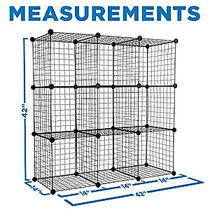 Work-It! Wire Storage Cubes, 9-Cube Metal Grid Organizer | Modular Wire Shelving Units, Stackable Bookcase, DIY Closet Cabinet Organizer for Home, Office, Kids Room | 14" W x 14" H, Black