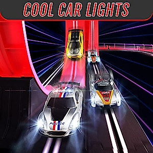 Race Track Toys for Boys Age 8-12 with 2 Loop, 4 Race Cars 1:43 Scale with Headlights, Battery Operated Slot Car Race Track Set, 2 Controllers, Lap Counter, 2 Player Game, Gift for Kids 6+ Year Old