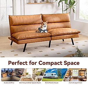 Hcore, Faux Leather Futon Couch, Memory Foam Small Splitback Loveseat Sleeper Sofa Bed Sofabed, Pure Brown