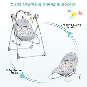 INFANS 2 in 1 Baby Swing and Bouncer for Infants, Portable Newborn Rocker with 5 Speed Sway Music Timing 3 Toys Remote Control, Easy Fold, Compact Electric Baby Swing for 0-6 Months Boy Girl