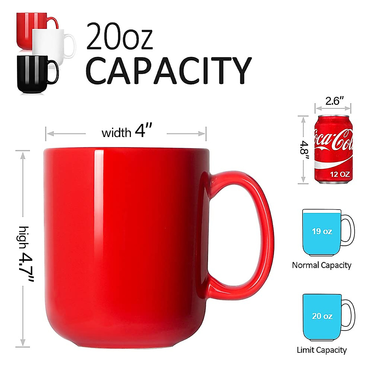 20 OZ Large Coffee Mug, Harebe Smooth Ceramic Tea Cup for Office and Home, Big Capacity with Handle, Red