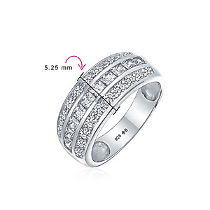 Bling Jewelry Art Deco AAA Cubic Zirconia Half Eternity Channel Set Princess Cut CZ Dome 3 Row Wide Statement Wedding Band Ring For Women .925 Sterling Silver Comfort Fit 8MM