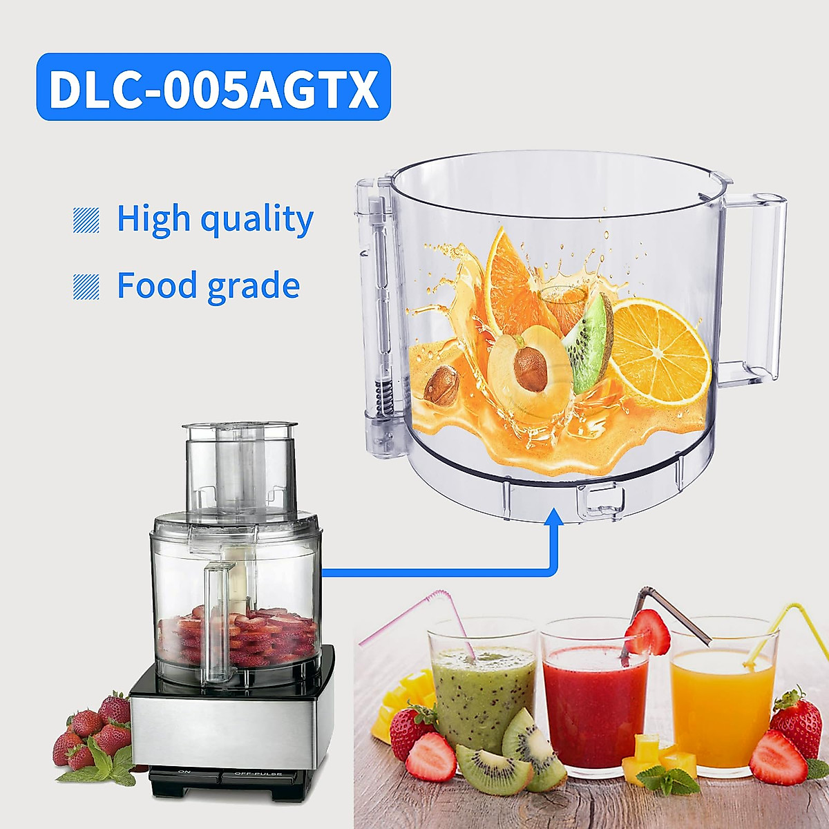 Vanshly DLC-005AGTX,14-Cup Food Processor Work Bowl Compatible with Cuisinart DLC-7 & DFP-14，NOTE:This bowl features 2 tabs on the top rim of the workbowl