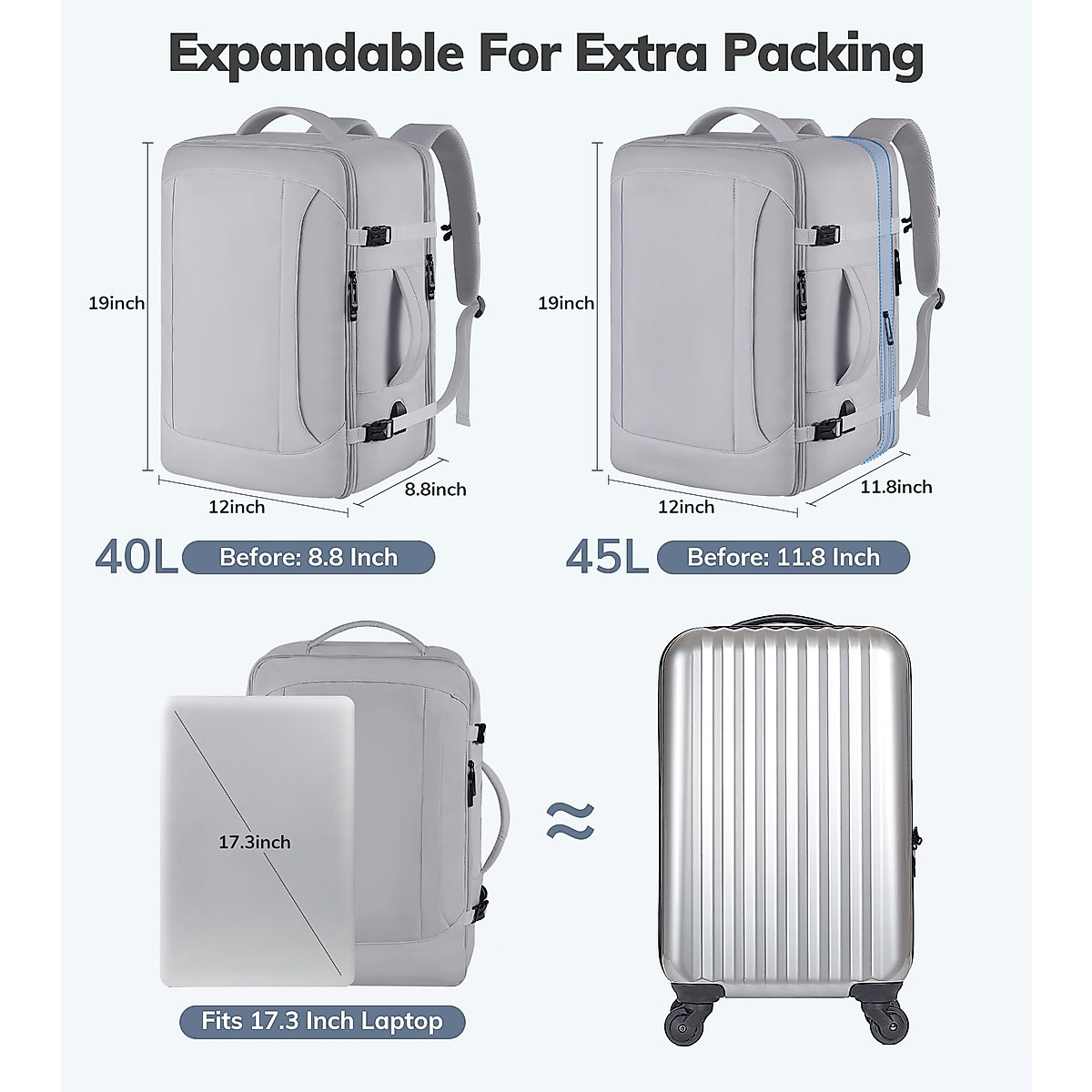 TOTWO Travel Backpack for Men, 45L Large Backpack, Carry On Backpack, Flight Approved Water Resistant Expandable Overnight Hiking Luggage Daypack Suitcase 17 Inch Laptop Bag, Gift for Travelers, Grey