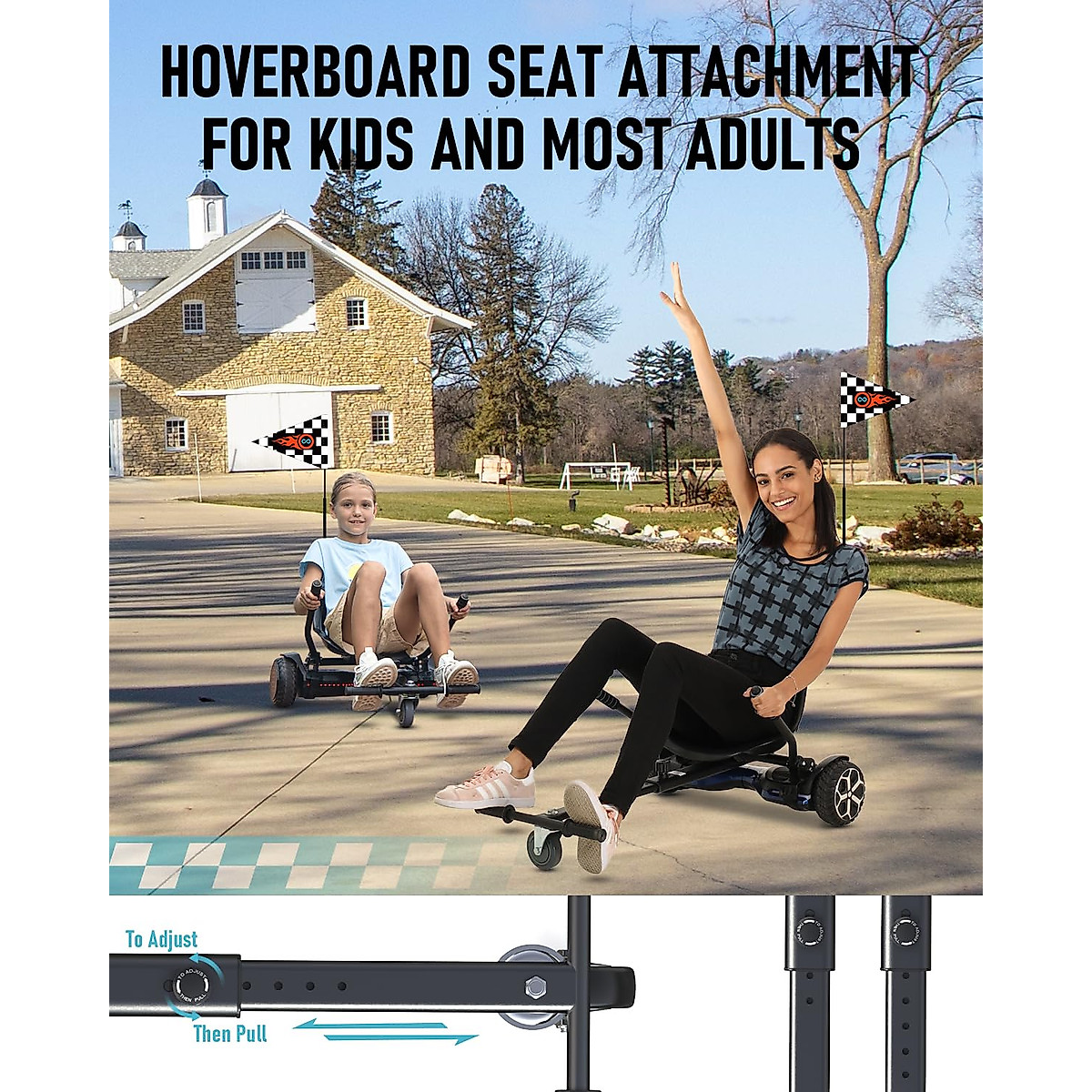 Gyroor Hoverboard Seat Attachment K1, Hover Board Accessory Go Kart with Adjustable Frame Length Compatible with 6.5'' 8'' 10'' Hoverboard, Best Hoverboard Go Kart for Kids and Adults-Black