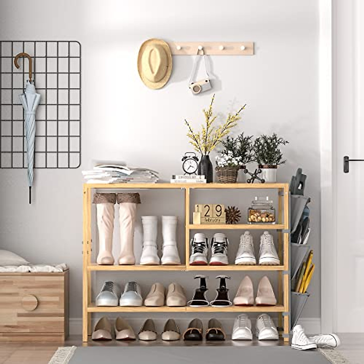 CozyBath Bamboo Shoe Rack, 4 Tiers Shoe Organizer for Closet, Sturdy Boots Shoes Storage for 20-24 Pairs, FreeStanding Shoe Shelf with Removable Pocket for Entryway Bedroom Front Door