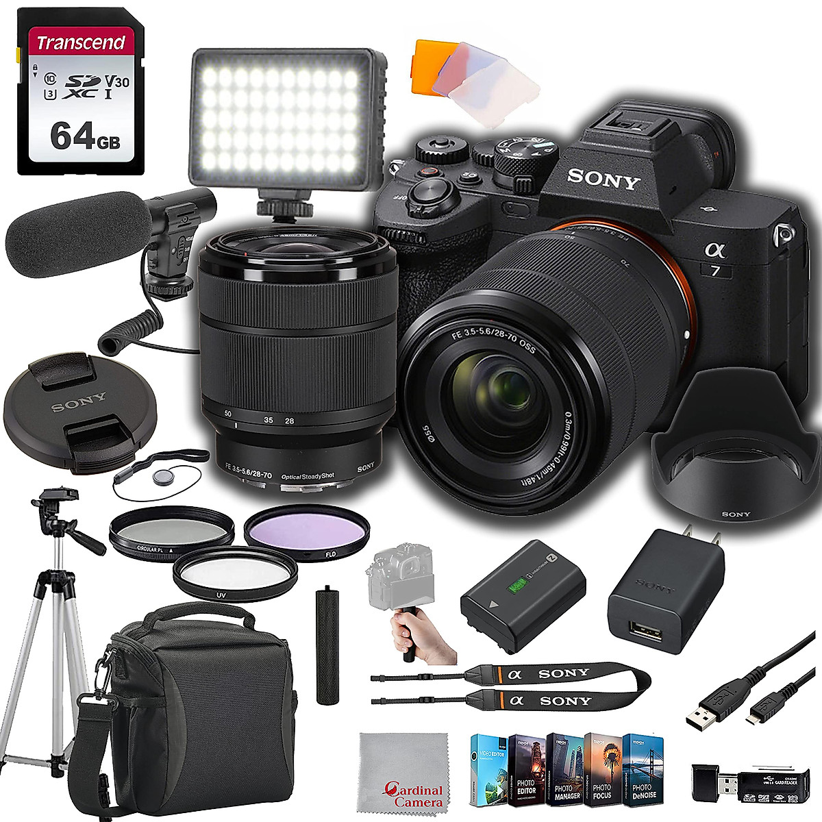 Sony a7 IV Mirrorless Digital Camera 33MP w/ 28-70mmmm Lens ILCE-7M4K/B, 64GB Memory,Videl Microphone, LED Video Light, Case. Tripod, Filters, Hood, Grip, & Video & Photo Editing Software Kit
