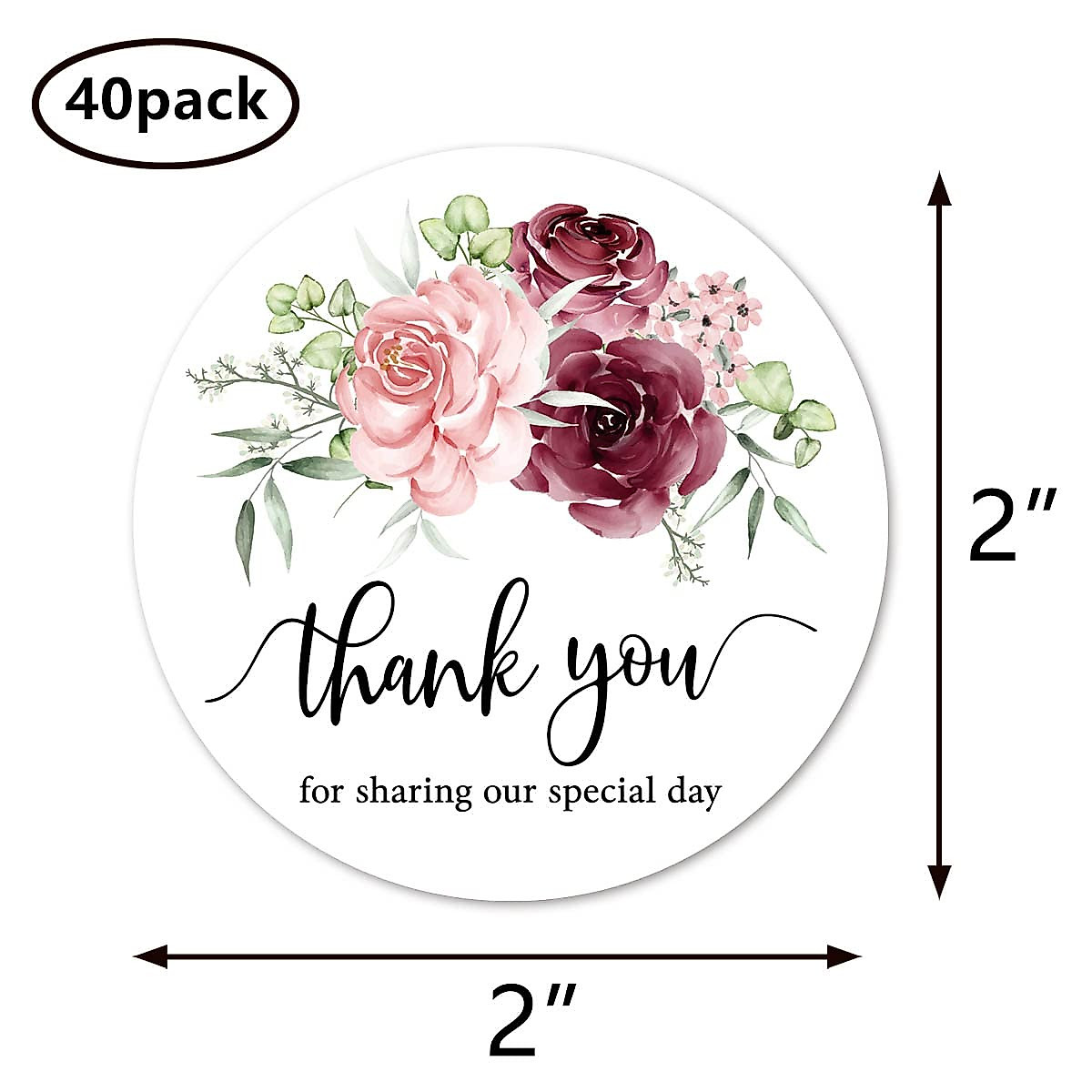 Burgundy Floral Thank You Stickers, 2 Inch Wedding Bridal Baby Shower Party Labels 40pack