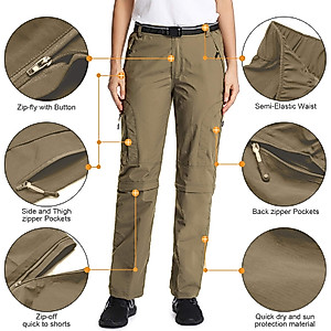 Womens Hiking Pants Convertible Outdoor Waterproof Quick Dry Zip Off Lightweight Fishing Cargo Pants 4409,Khaki,2