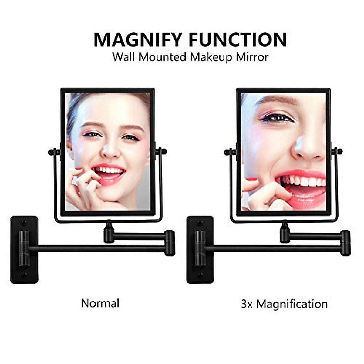 QiMH 3X Magnified Wall Mounted Mirror, Rectangular 8x6 Inch with Extendable Arm | Polished Chrome Finish Double-Sided Swivel Mirror