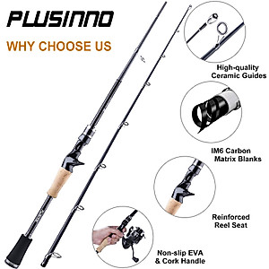 PLUSINNO Elite Hunter Two-Piece Spining Casting Fishing Rod, Graphite Medium Light Fast Action Bass Baitcasting Fishing Rods 7FT 2pc Freshwater Saltwater Fishing Rods-B
