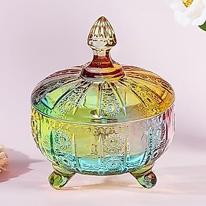 LWXPAIYY Glass Candy Dish with Lid,Rainbow Candy Jar with Lid 16oz,Colorful Embossed Vintage Candy Bowl with Lid for Office Desk Coffee Table,Buffet Storage Cookie Decorative Jar(Colored)
