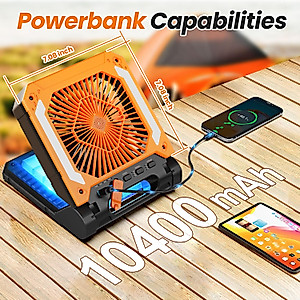 20000mAh Rechargeable Solar Powered Portable Fan with Led Lantern, 3 Speeds Cordless Battery Operated Camping Fan with PowerBank,Timer, Hangble & Quiet Desk Fan for Tent Hurricane Worksite (Orange)