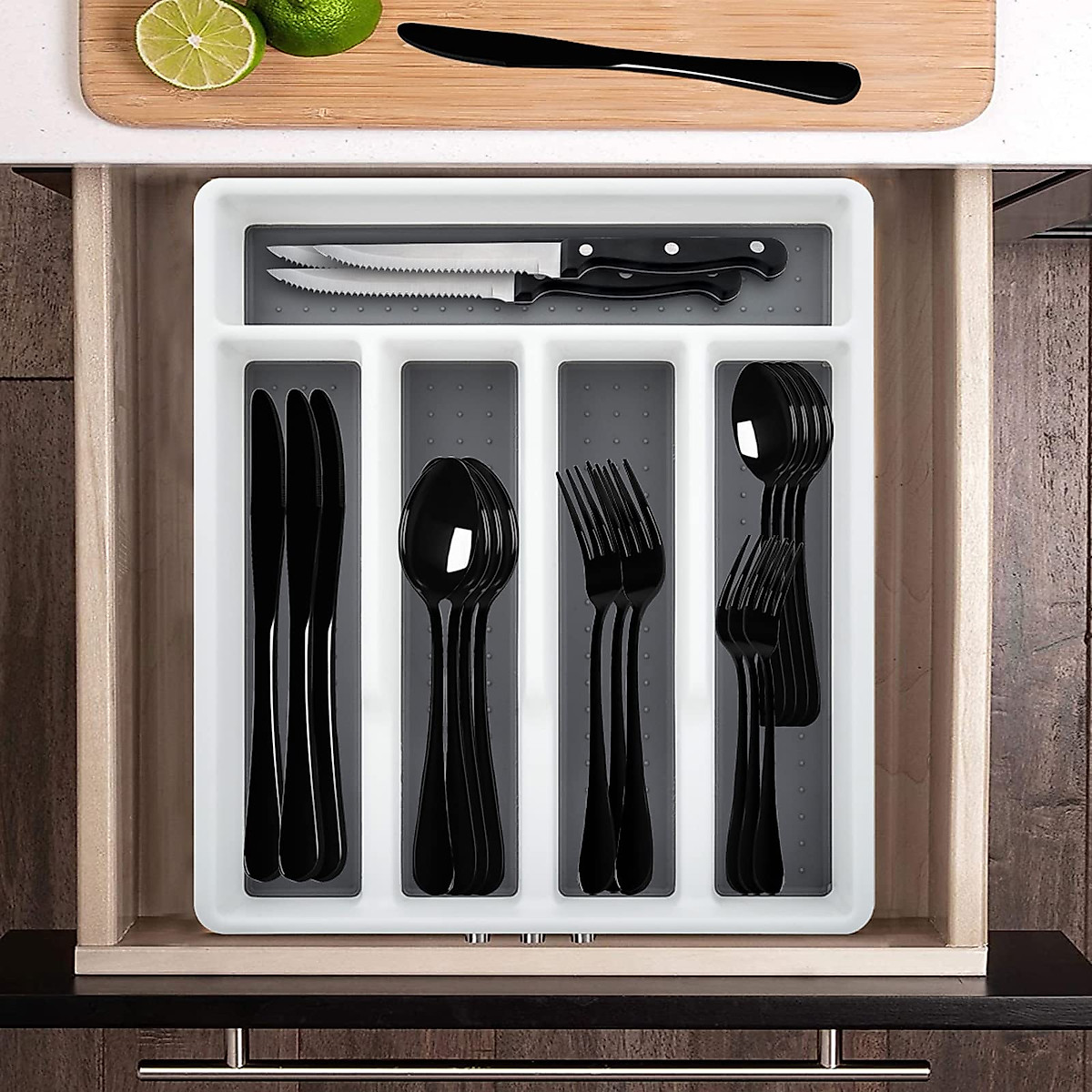 HaWare 49-Piece Black Silverware Set with Flatware Drawer Organizer, Stainless Steel Cutlery with 8 Steak Knives, Modern Eating Utensils Tableware Service for 8, Mirror Polished, Dishwasher Safe