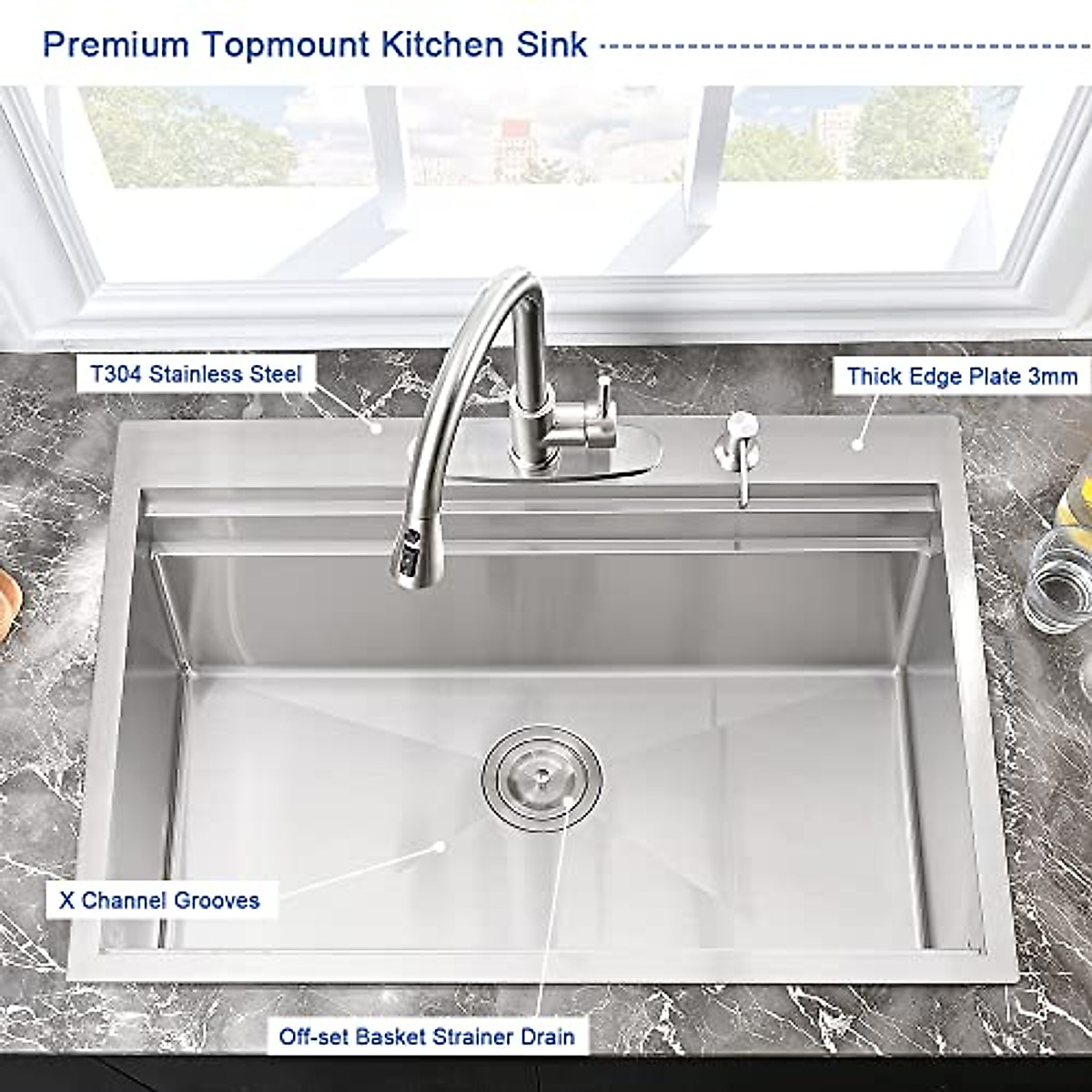 33 Inch Drop In Kitchen Sink Workstation-Hovheir 33x22 Stainless Steel Topmount Double Ledges Workstation Sink 16 Gauge Deep Single Bowl Overmount