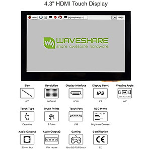 waveshare 4.3inch Capacitive Touch Screen LCD Compatible with Raspberry Pi 5/4B/3B+/3A+/2B/B+/A+/Zero/Zero W/WH/Zero 2W CM3+/4 800×480 Resolution HDMI IPS Supports Jetson Nano/Windows