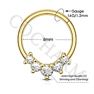 COCHARM 16G Gold Helix Daith Earrings for Women Heart Clear CZ Helix Daith Hoop Earrings 8mm