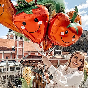 8 Pack Gaint Fruit Vegetable Foil Balloons Cute Helium Mylar Strawberry Grape Banana Orange Corn Carrot Tomato Broccoli Balloons for Theme Birthday Party Decorations Supplies