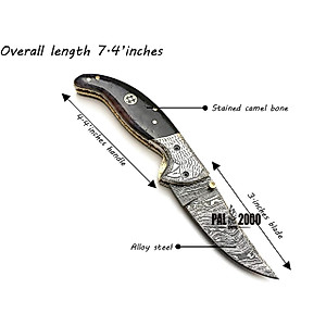 PAL 2000 HUNTING KNIVES FOL-9111 Handmade Damascus Steel Pocket Knife Stained Bone Handle With Sheath