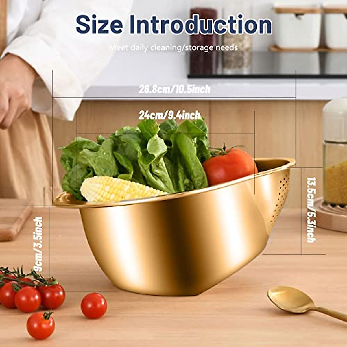 2pcs Multifunctional Drain Basin And Vegetable Washing Basin, Rice Washing Bowl with Strainer, Stainless Steel Side Drainers for Fruits, Vegetables and Beans Versatile Kitchen Tool (Gold)