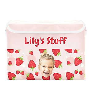 Sinestour Custom Storage Bins with Lid Personalized Storage Basket Box Shelf Basket Closet Organizer for Home Toy Playroom (Strawberry)