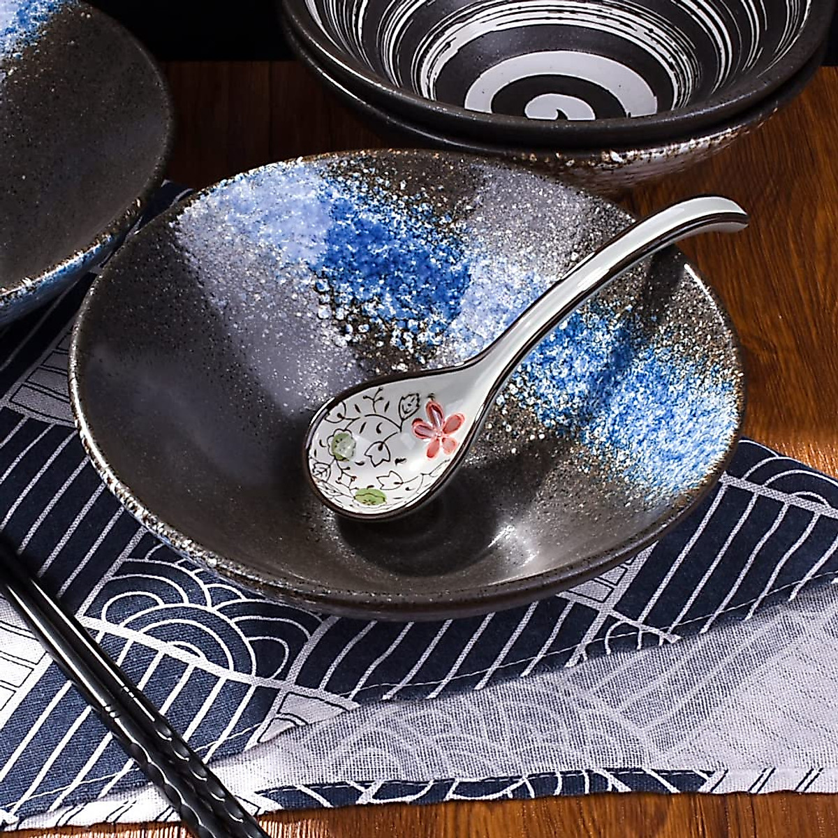 Japanese Ramen Bowls Set of 2, Ceramic Noodle Soup Cereal Bowls(BLC)