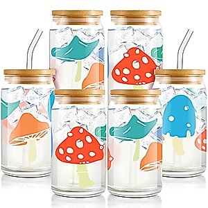 Vesici 6 Pack Color Changing Glasses with Bamboo Lid and Glass Straw Drinking Glasses Mushroom Can Shaped Glass Cups 16 oz Beer Glasses Tumbler Cup Reusable Glass Drinking Straws for Juice Milk Water