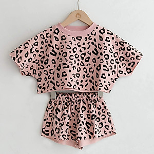 Toddler Baby Girls Leopard Print Summer Clothes Set T-Shirt and Short Pants 2pcs Outfits (1-Pink, 2T)