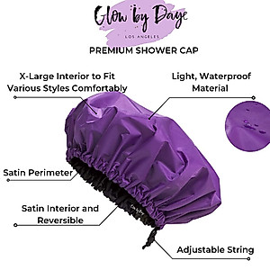 Glow by Daye Satin Lined Shower Cap, Adjustable and Waterproof with Satin Interior for Hair Protection, Large, Purple Rain