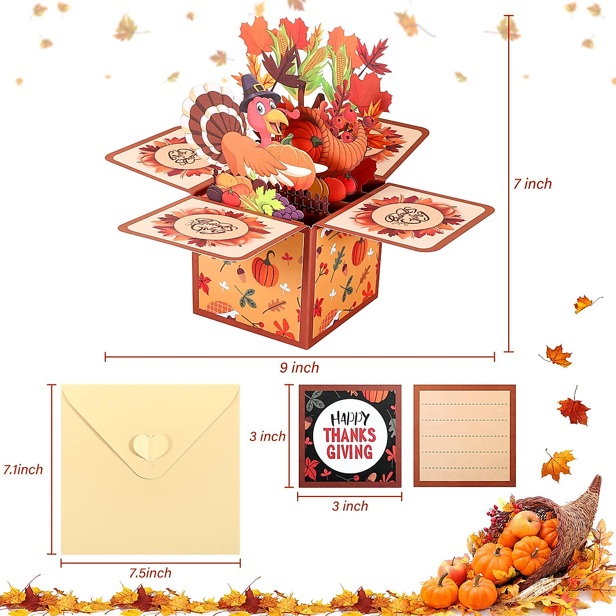 Kesote Thanksgiving Pop Up Card with Envelope, Thanksgiving Greeting Cards Thank You Cards, 3D Thankful Cards for Thanksgiving, Pop Up Happy Thanksgiving Card for Kids Employees