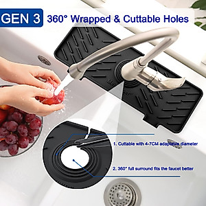 Meiliweser Silicone Faucet Splash Guard Gen 3-10° Large Slope & Adaptable Hole Faucet Handle Drip Catcher Tray - 14” x 5.5” Kitchen Sink Accessories for Kitchen, Bathroom(Black)