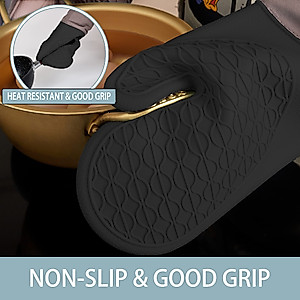 Silicone Oven Mitts Heat Resistant, Oven Mitts and Pot Holders Sets, Kitchen Mittens 5 Piece Set, Oven Gloves for Cooking,Baking,BBQ, Black Oven Mitts, Easy Clean