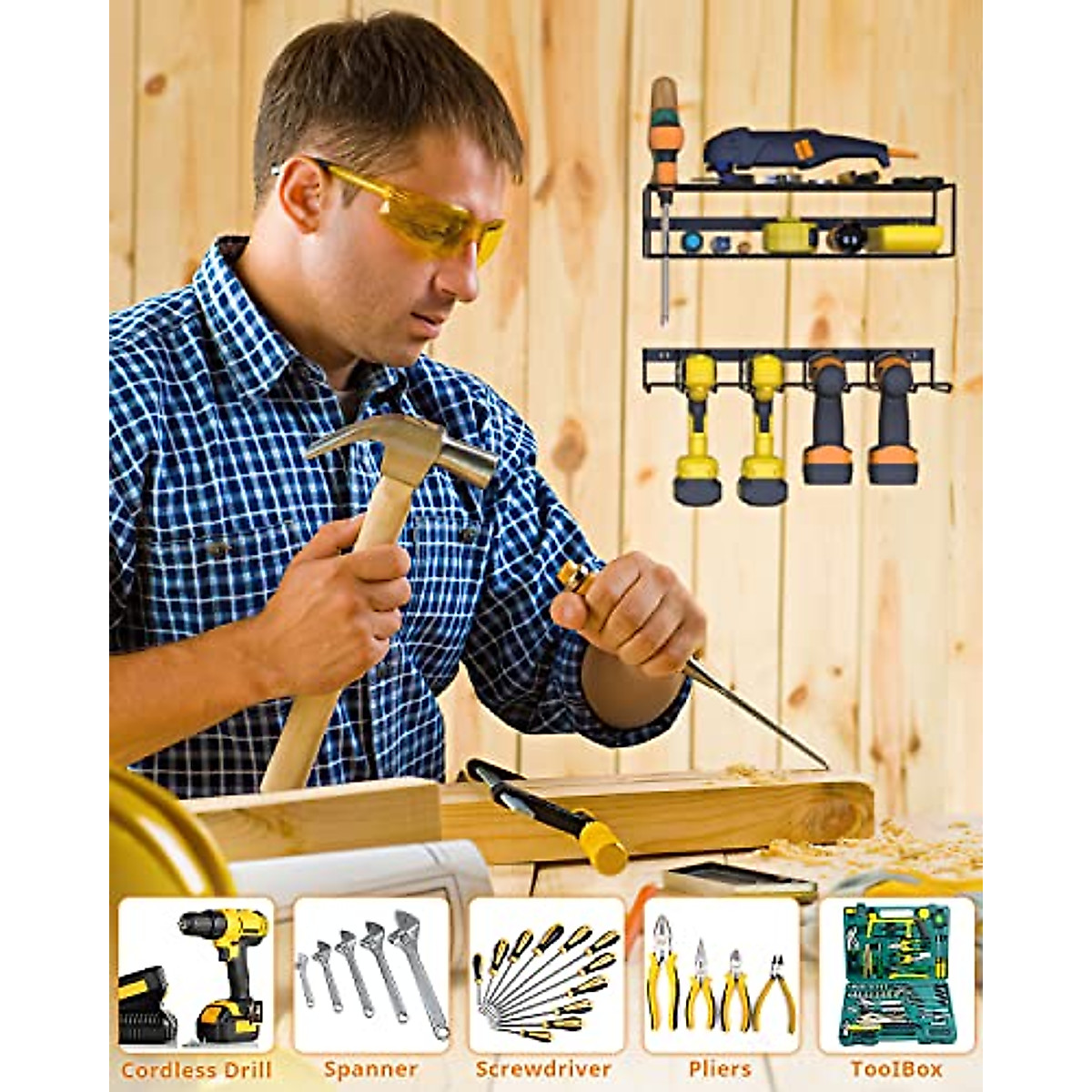 Power Tool Organizer, Garage Tool Organizers and Storage, Wall Mount Style for Power Tool Drill as Heavy Duty Tool Shelf & Tool Rack, Removable Design,Suitable for Garage, Workshop and Warehouse