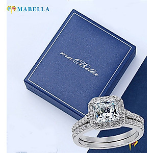 MABELLA Women’s 1.8 Ct Princess Cut 925 Sterling Silver Cubic Zirconia Wedding Engagement Ring Set Bridal Ring Band,Size 10