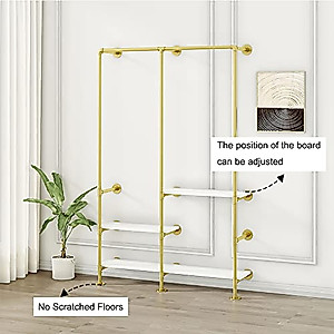 HEONITURE Gold Clothing Rack with 3-Tier Shelves, Multi-Purpose Heavy Duty Industrial Pipe Clothes Rack, Wall Mounted Garment Hanging Rods for Closet and Bedroom (Gold)