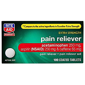 Rite Aid Extra Strength Pain Reliever, Acetaminophen 250mg, Aspirin 250mg, Caffeine 65mg – 100 Tablets | Pain Reliever / Fever Reducer | NSAID Anti-Inflammatory | Migraine Relief Products