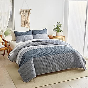 Striped Cotton Quilt Set King Size with White Gray Stripes Soft Cotton Reversible 3pc Quilt Bedding Set, Coverlet, Bedspread with 2 Pillow Shams