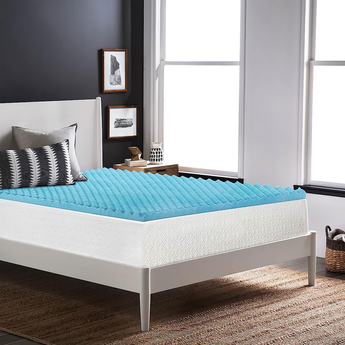 Greaton, 1-Inch Premium Convoluted Gel Memory Foam Toppers for Enhanced Comfort and Support, Full, Blue