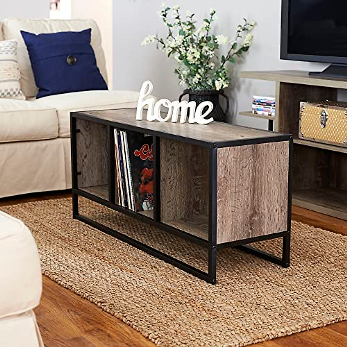 Household Essentials Jamestown TV Stand Coffee Table with Square Cube Storage Compartments Ashwood Rustic Wood Grain and Black Metal