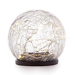 Solar Gazing Ball Light - 4 Inch Diameter Small Globe, Waterproof for Outdoor Use, Crackle Glass, Warm White LED Fairy Lights, Dusk to Dawn Timer, Garden/Pathway Decoration - Battery Included