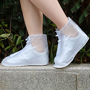 2 Pairs Rain Shoes Cover Non Slip Waterproof Shoe Covers Reusable Shoe Protectors Covers High Top Snow Boots Galoshes Overshoes for Men Women Outdoor Cycling Camping Fishing Garden Travel, White, L