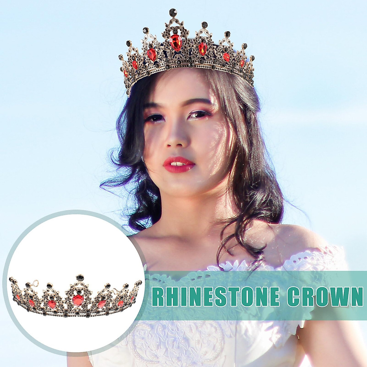 Lurrose Baroque Bride Crowns Black Rhinestones Gothic Chic Tiaras Vintage Crystal Queen Princess Crown Headpieces Headband for Wedding Prom Halloween Pageant (Red)